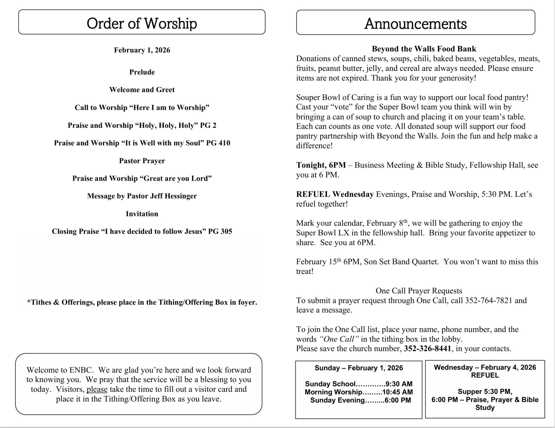 Worship Guide (Bulletin) Feb 1, 2026 - Eagles Nest Baptist Church