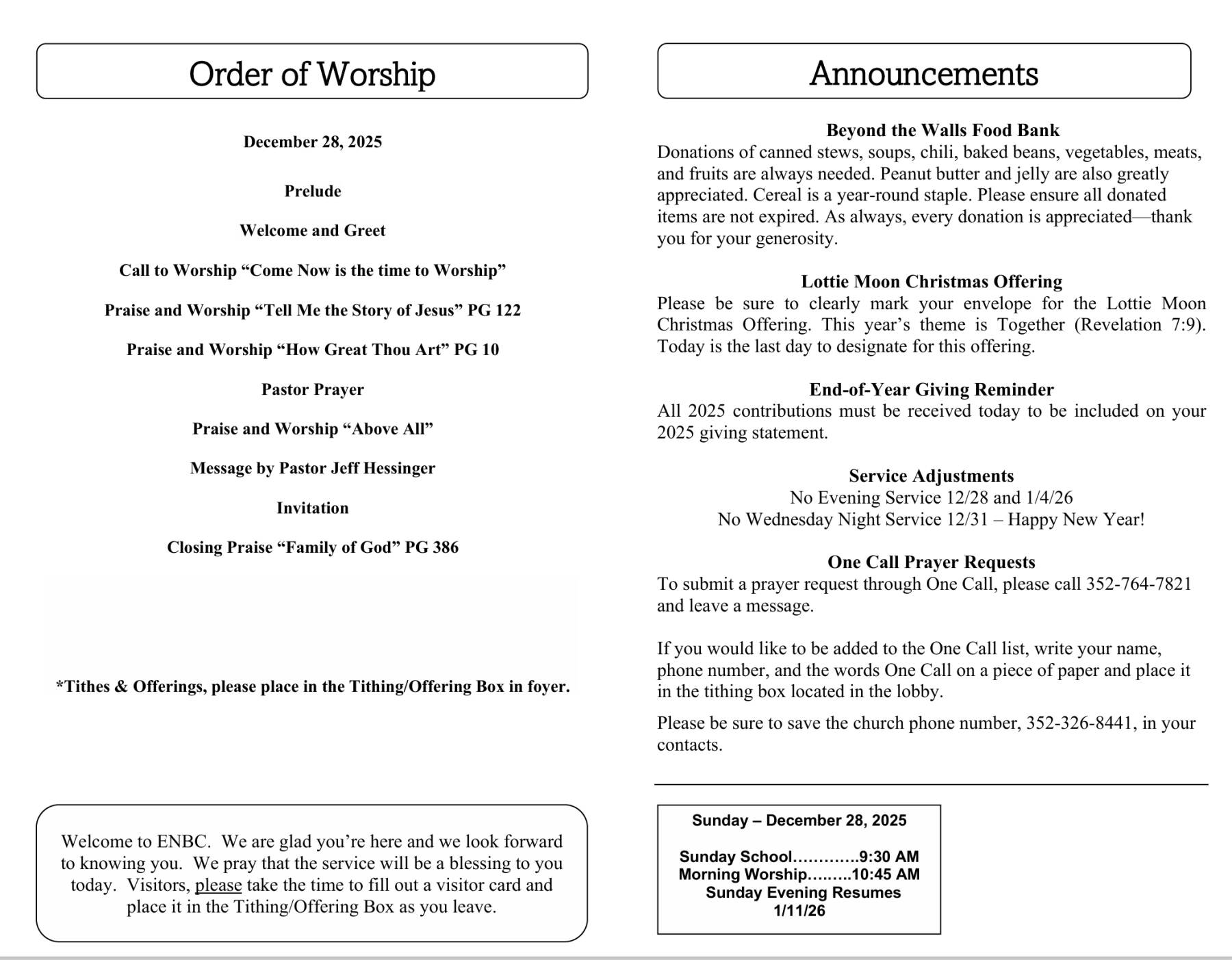 Worship Guide (Bulletin) Dec 28, 2025 - Eagles Nest Baptist Church