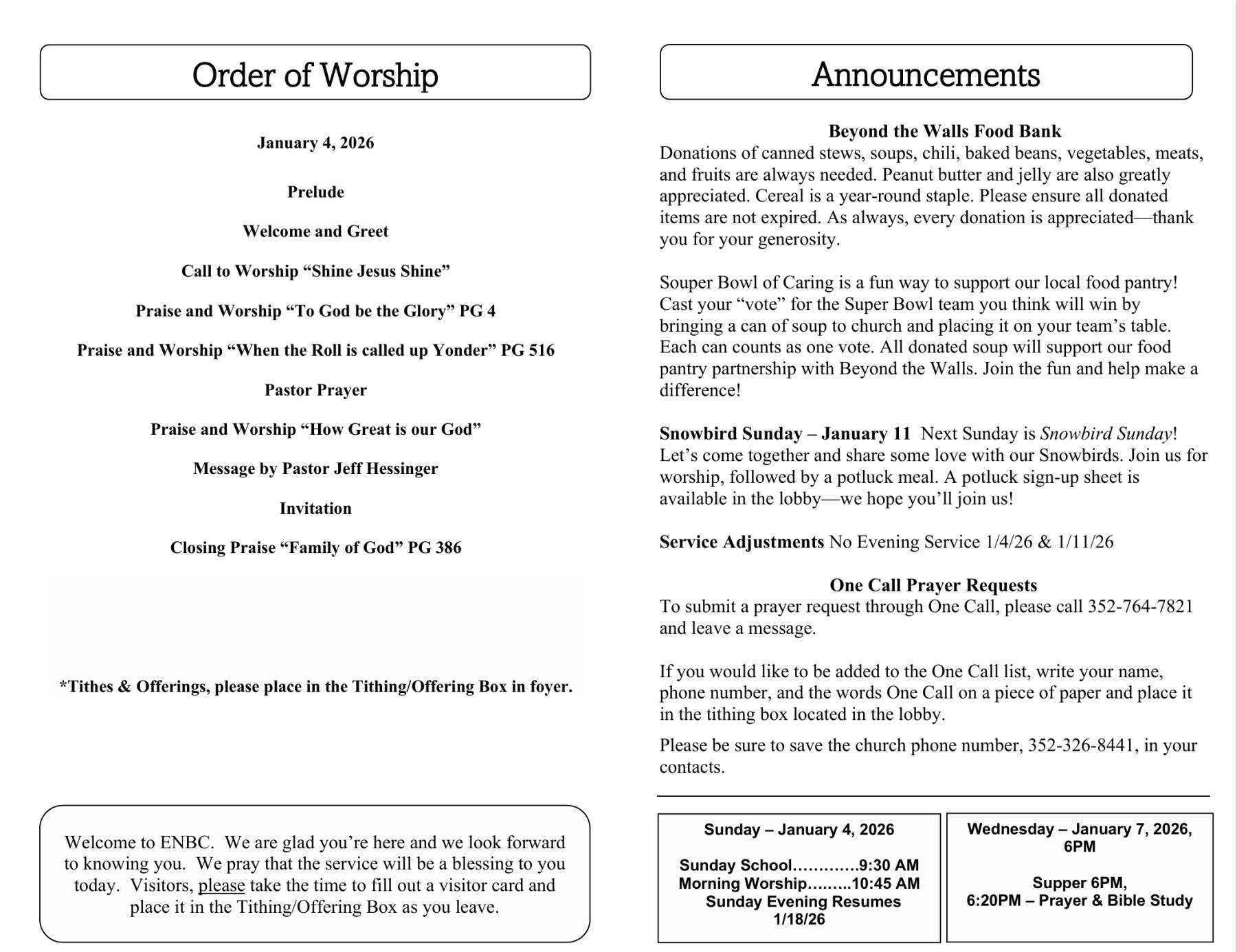 Worship Guide (Bulletin) Jan 4, 2026 - Eagles Nest Baptist Church
