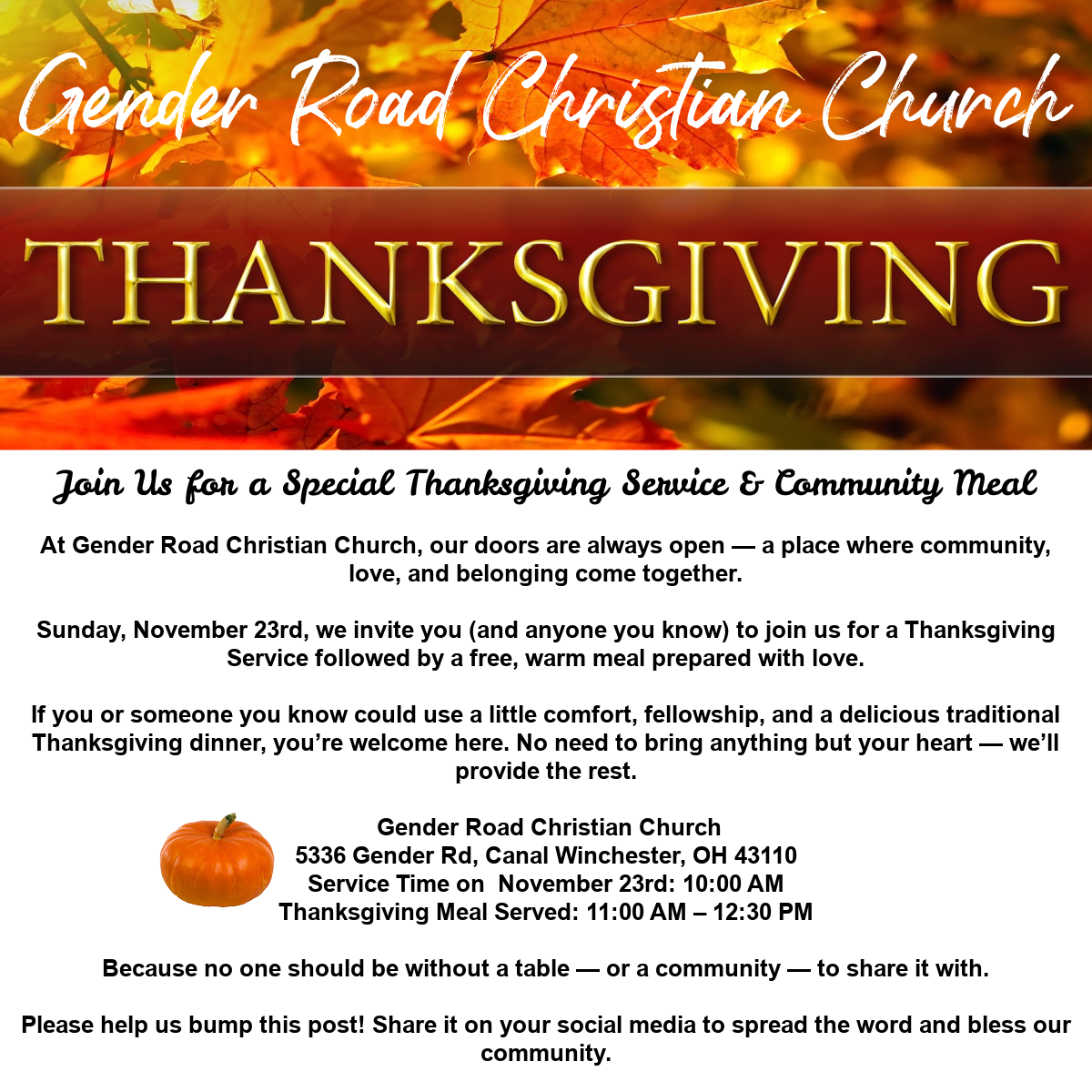 Thanksgiving Service & Community Meal - Gender Road Christian Church