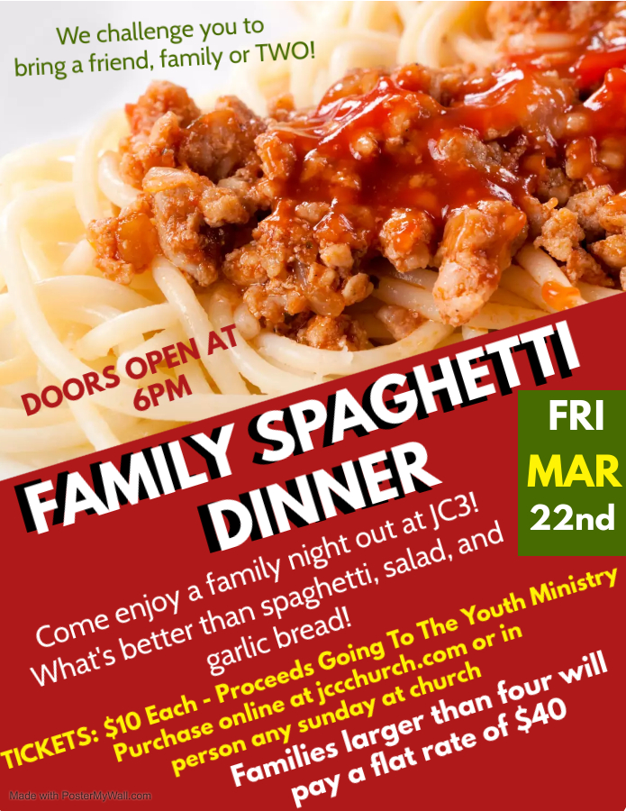 FAMILY SPAGHETTI DINNER- 3/22/24 - James City Community Church